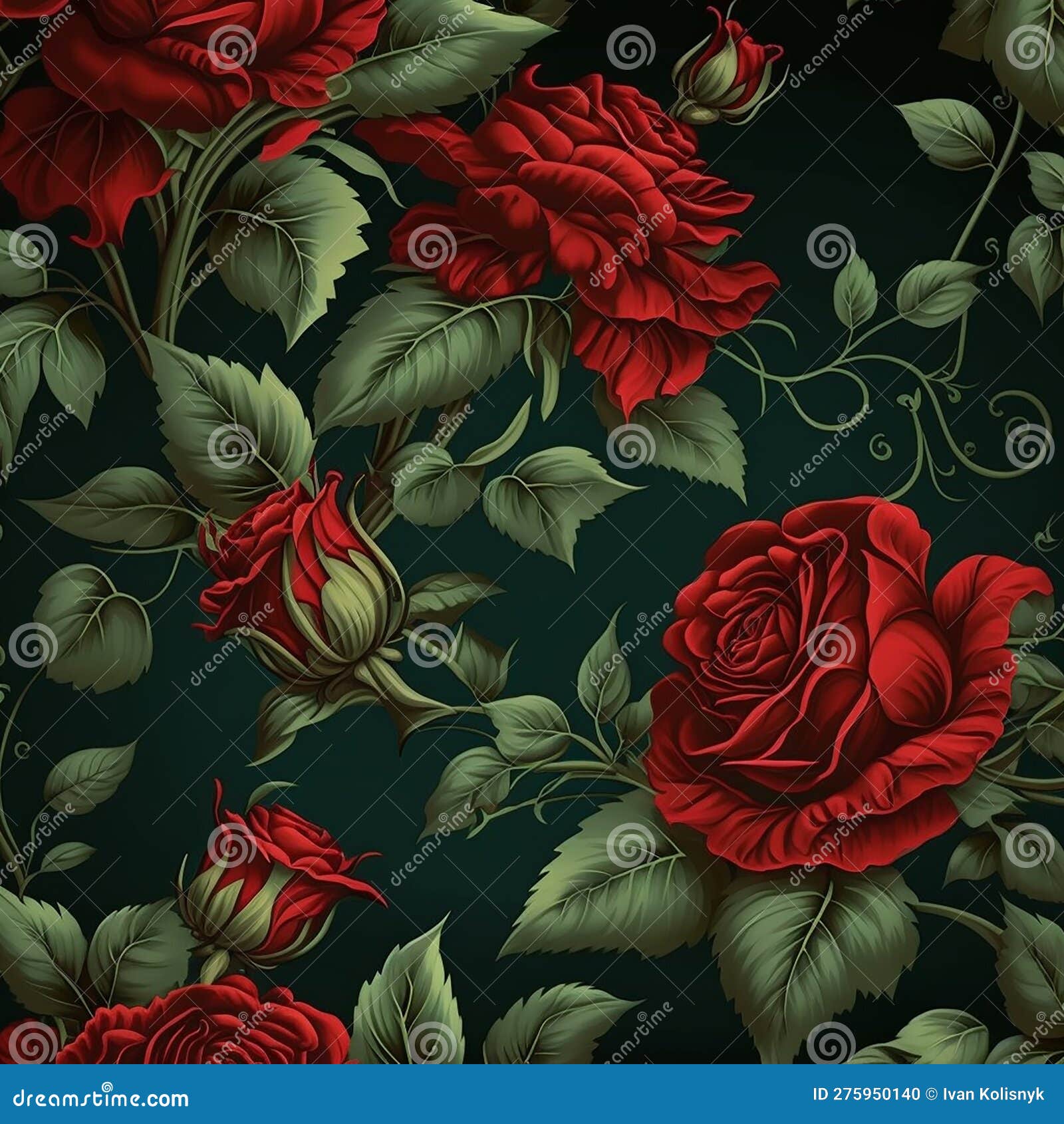 Red Roses Pattern on Dark Green Background Stock Illustration ...