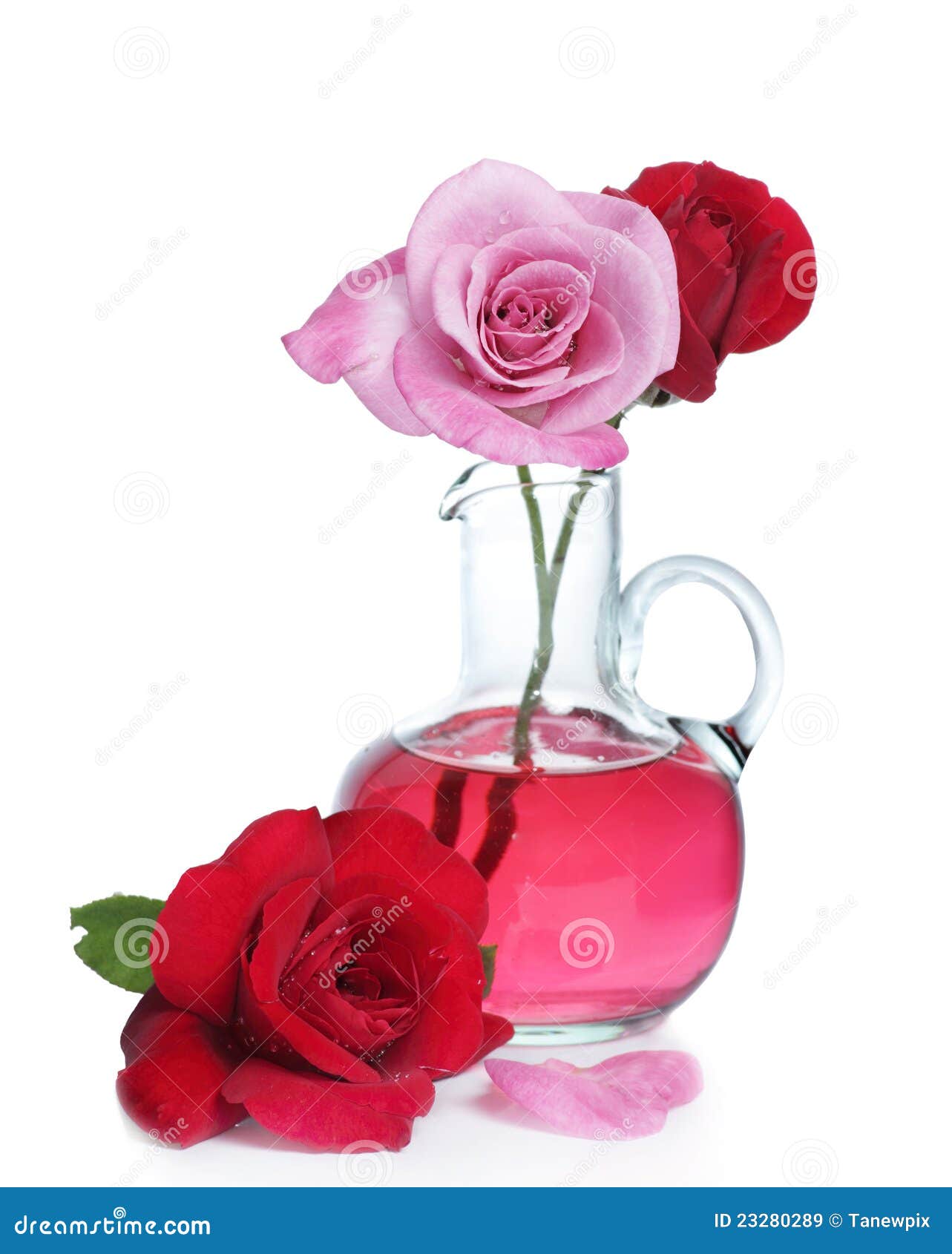 Red Roses and Pink Rose with Glass Vase Stock Image - Image of leaf ...