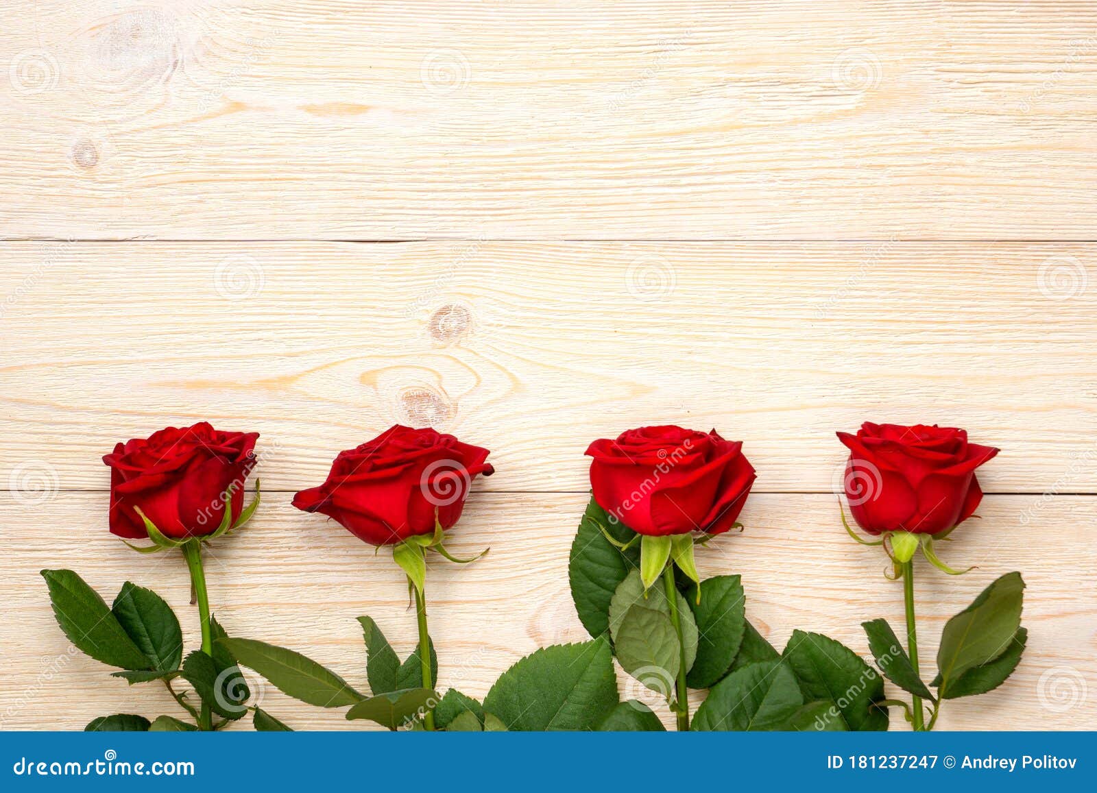 4 Red Roses in Row Over Rustic Wood Planks Stock Image - Image of clear ...