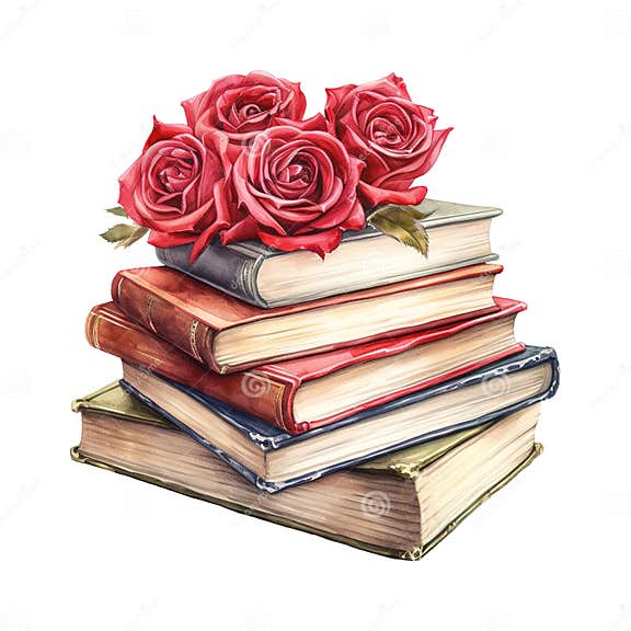 Red Roses on Top of a Stack of Books Stock Photo - Illustration of ...