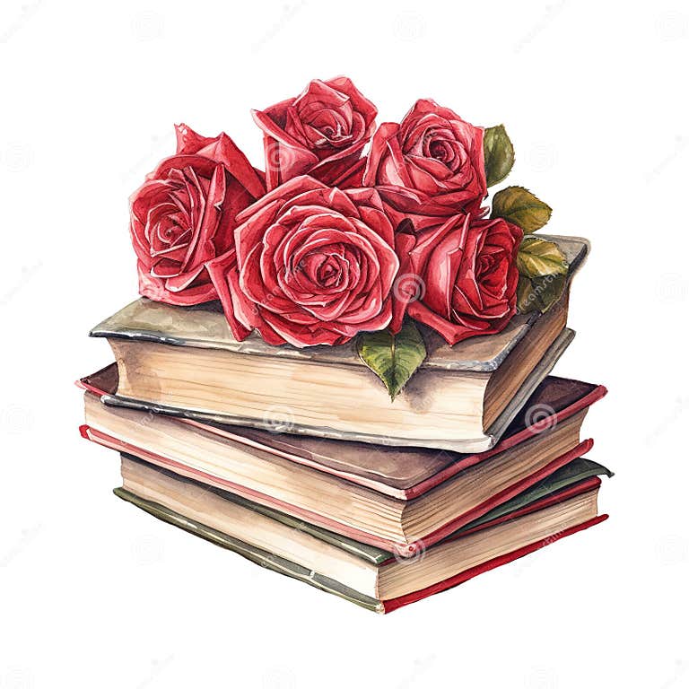 Red Roses on Top of a Stack of Books Stock Photo - Illustration of ...