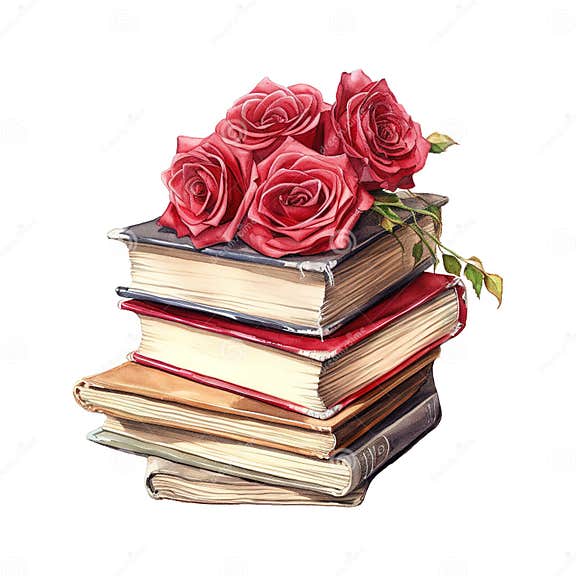 Red Roses on Top of a Stack of Books Stock Photo - Illustration of ...