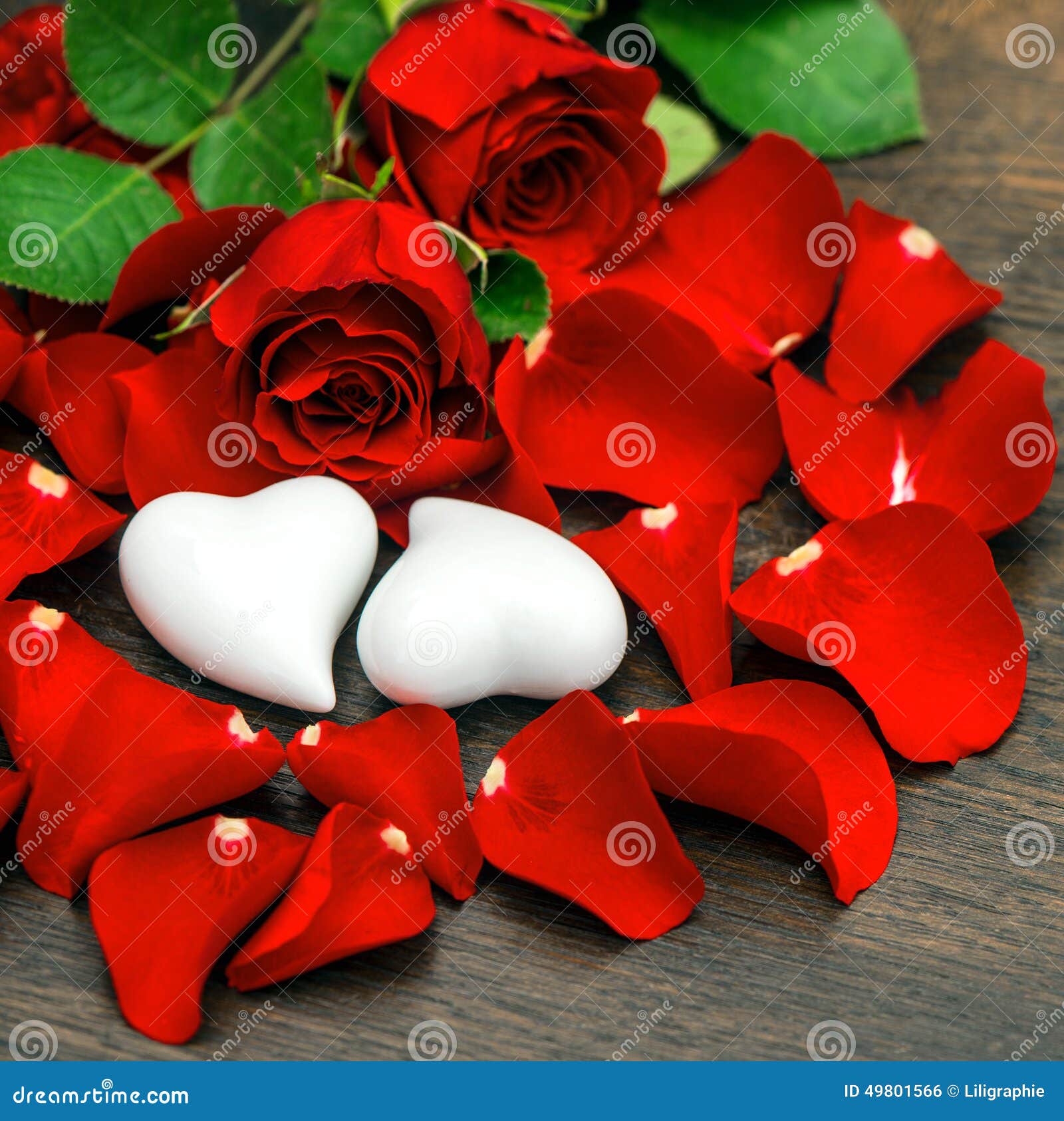 Red Roses and Two Hearts. Valentines Day or Wedding Stock Photo - Image ...