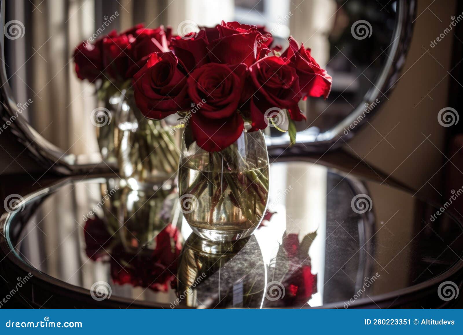 Red Roses in a Vase on a Mirrored Table Stock Illustration ...