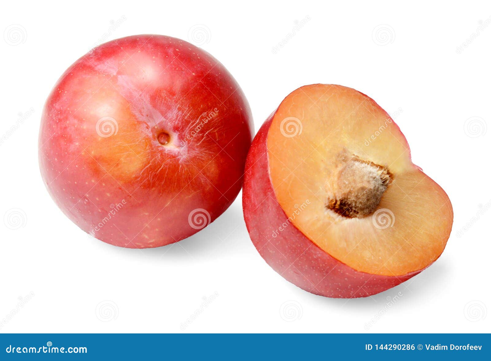 Red Round Plum. Whole and Half. Isolated on White Close-up. Stock Photo ...