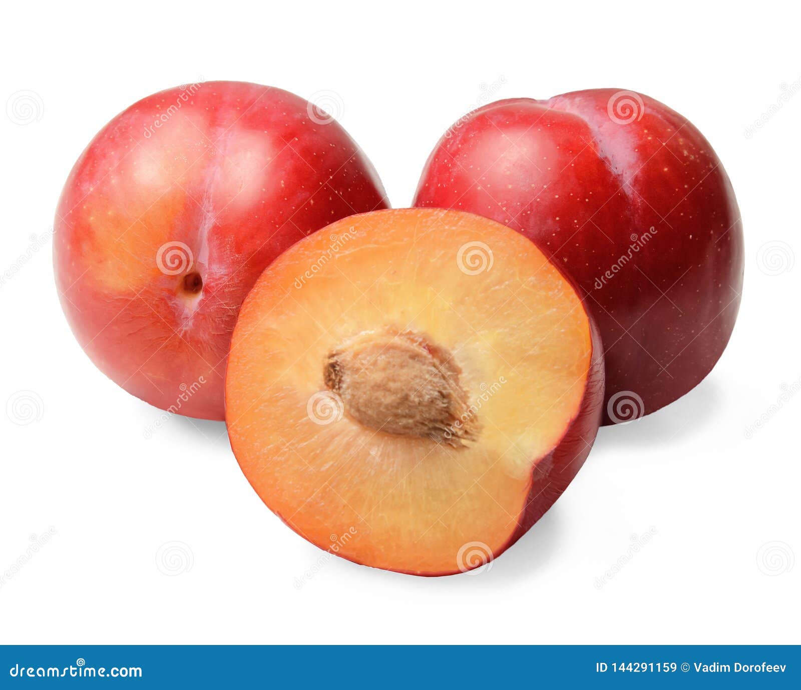 Red Round Plum. Whole and Half. White Isolated Background. Close-up ...