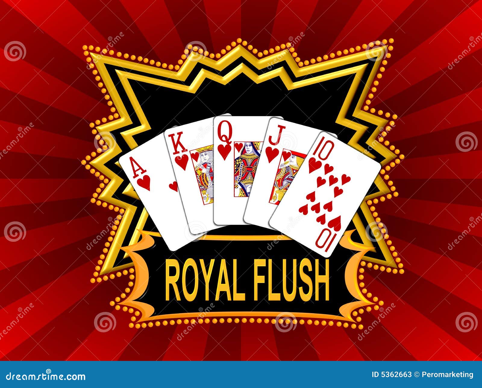 A Royal Flush Of Diamonds With Gold Poker Chip On Red Background Vector ...