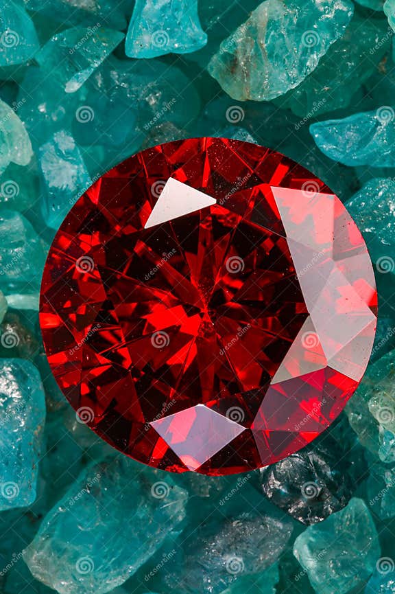 Red Ruby Diamond Diamond on Placed on a Pile of Raw Sky Blue Gemstones ...