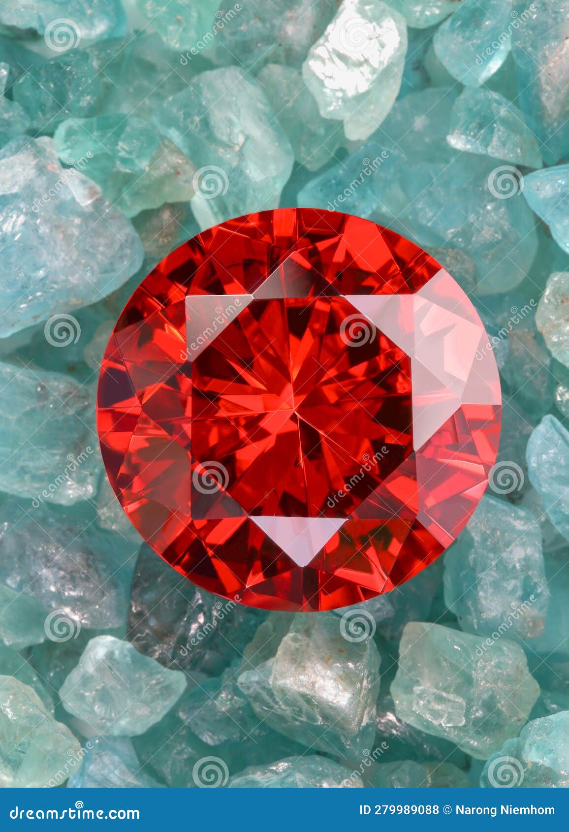 Red Ruby Diamond Diamond on Placed on a Pile of Raw Sky Blue Gemstones ...