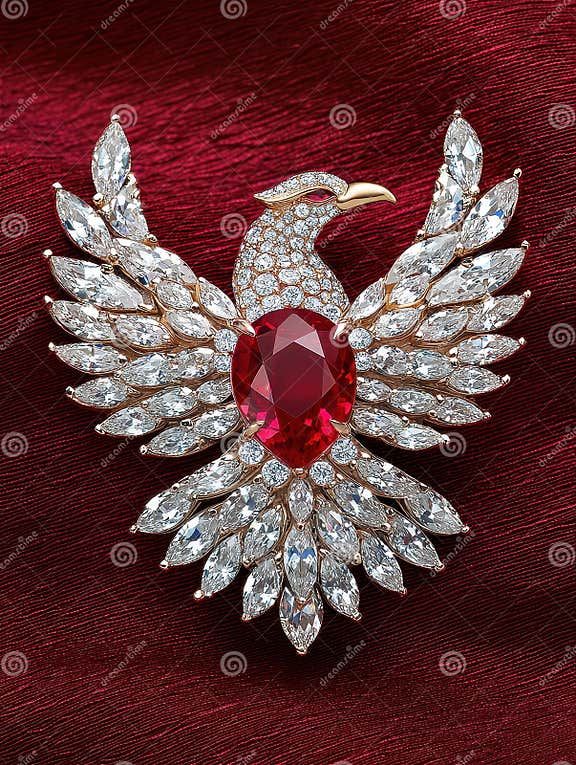 Red Ruby and Diamond Phoenix Brooch on Red Silk Stock Illustration ...