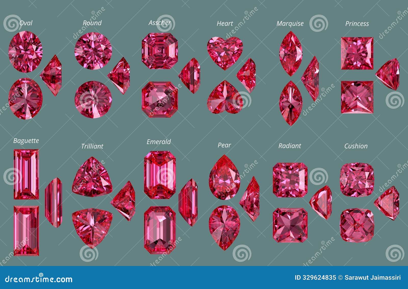 Red Ruby Diamonds Multiple Type Isolated Background on Top, Side and ...