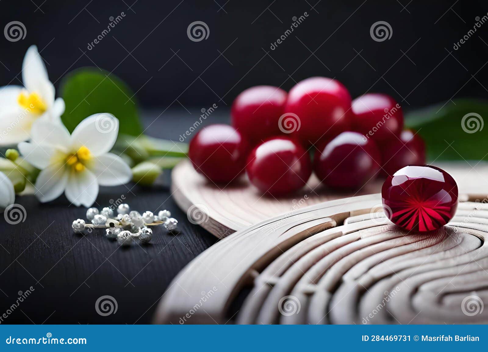 Red Ruby Shining, and White Jasmine on Black Table Stock Illustration ...