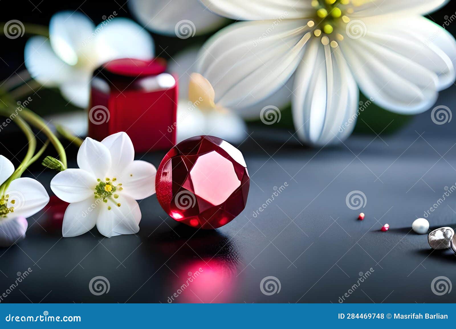 Red Ruby Shining, and White Jasmine on Black Table Stock Illustration ...