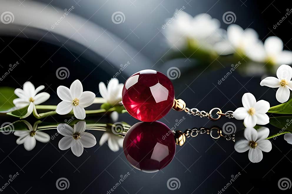 Red Ruby Shining, and White Jasmine on Black Table Stock Illustration ...