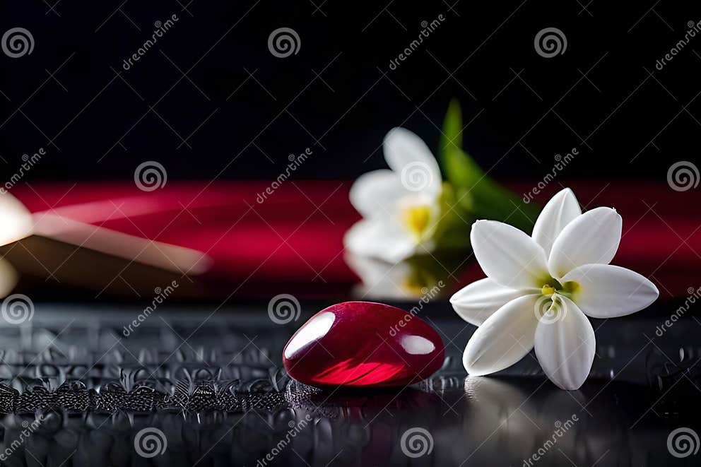 Red Ruby Shining, and White Jasmine on Black Table Stock Illustration ...