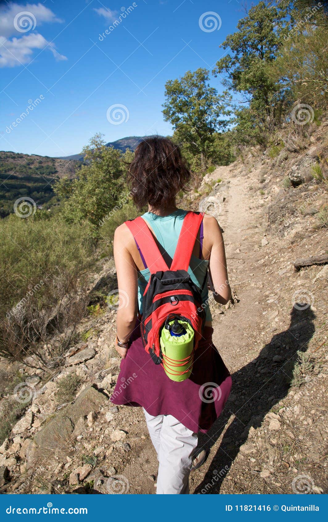 Red Rucksack Woman Walking in Mountain Stock Photo - Image of female ...