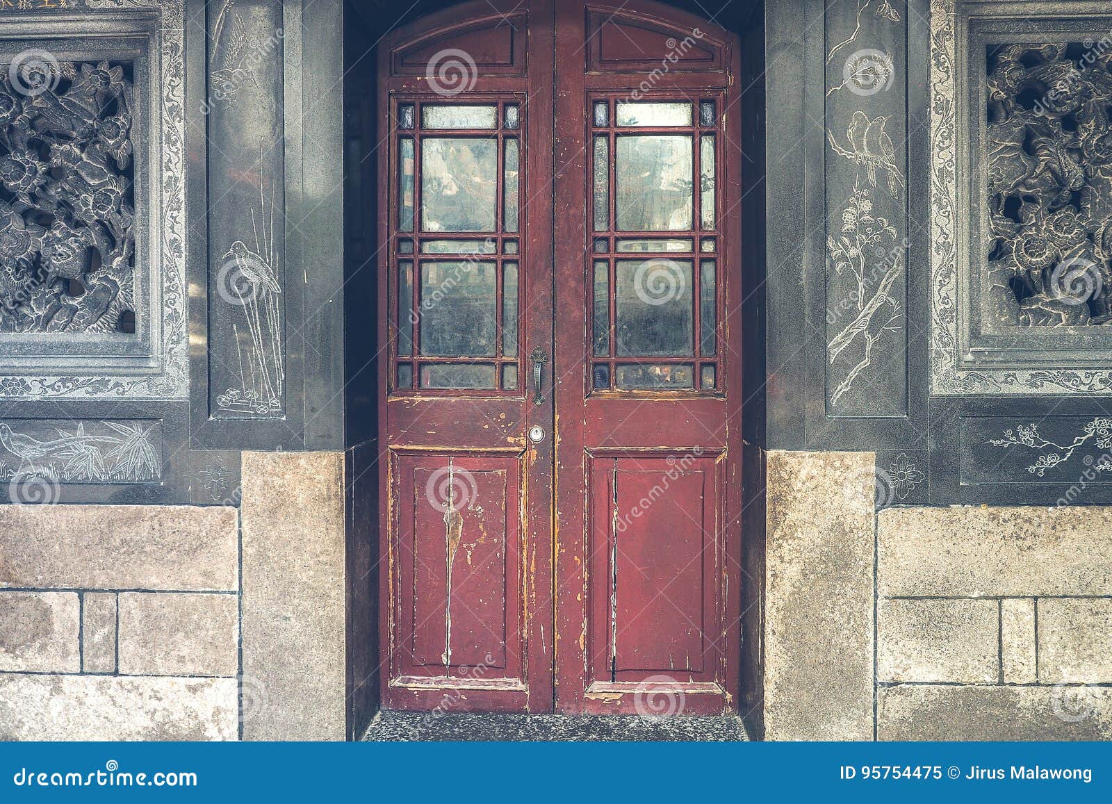 Red Rustic Door on Black Antique Wall Stock Image - Image of exterior ...