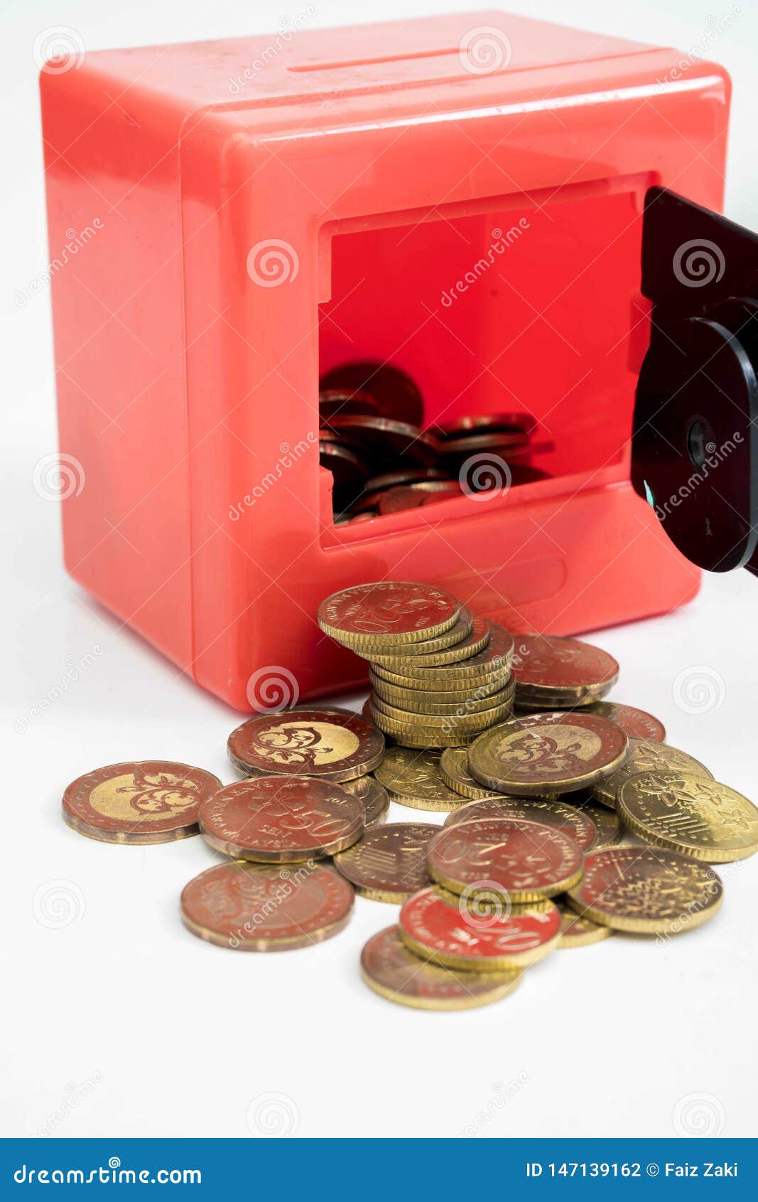 Red safe box and coins stock photo. Image of finance - 147139162
