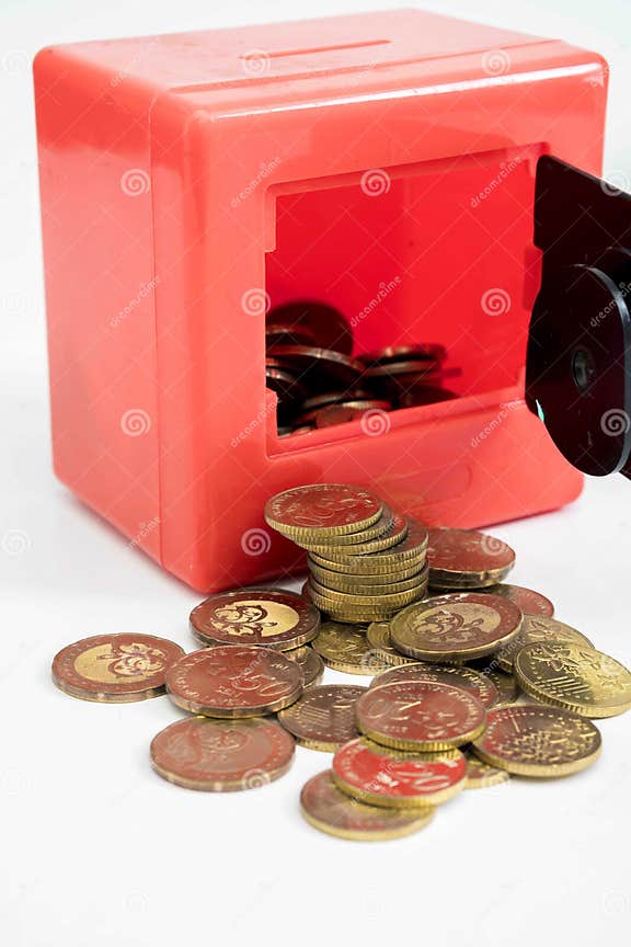 Red safe box and coins stock photo. Image of finance - 147139162