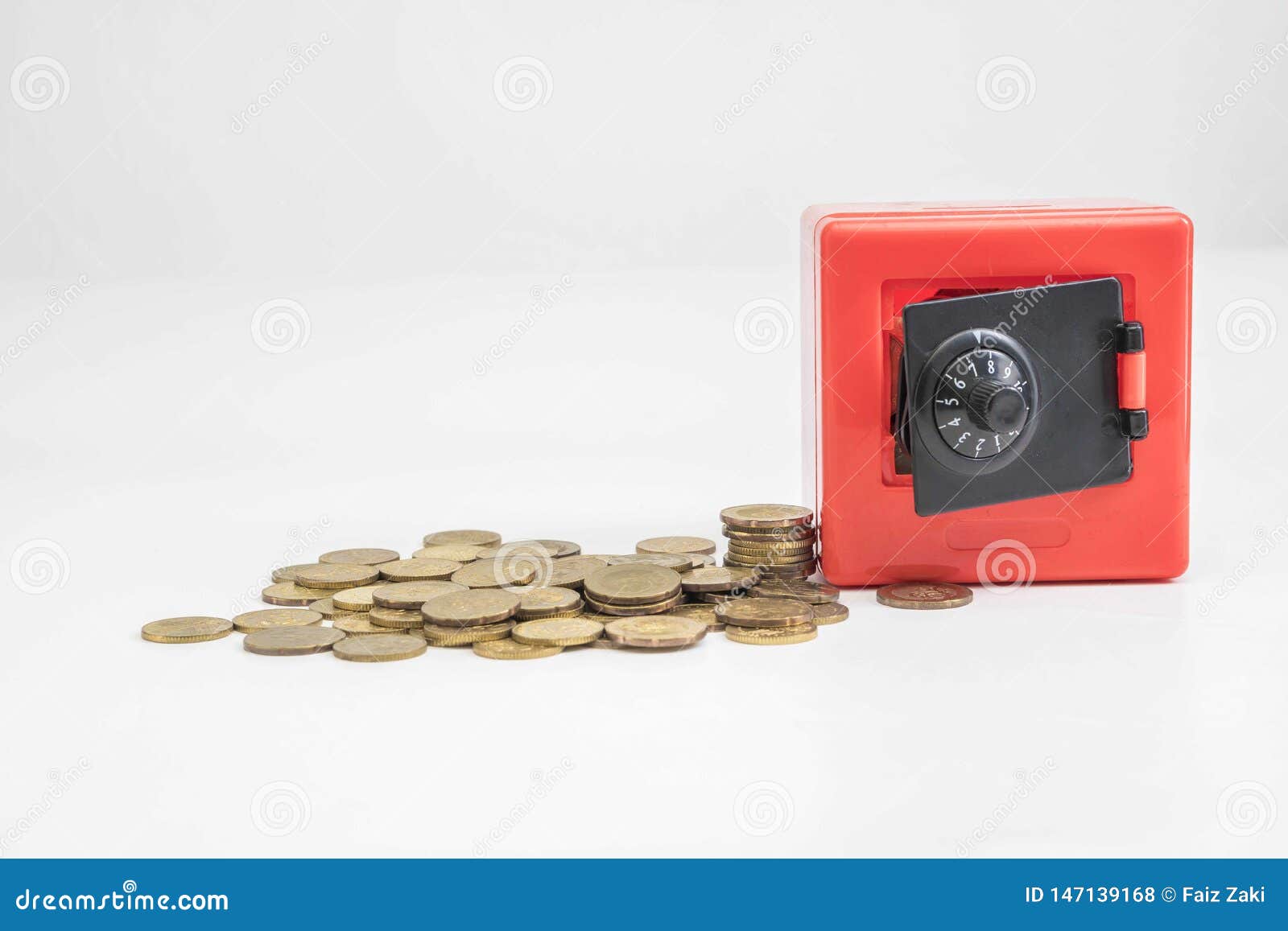 Red safe box and coins stock photo. Image of protection - 147139168