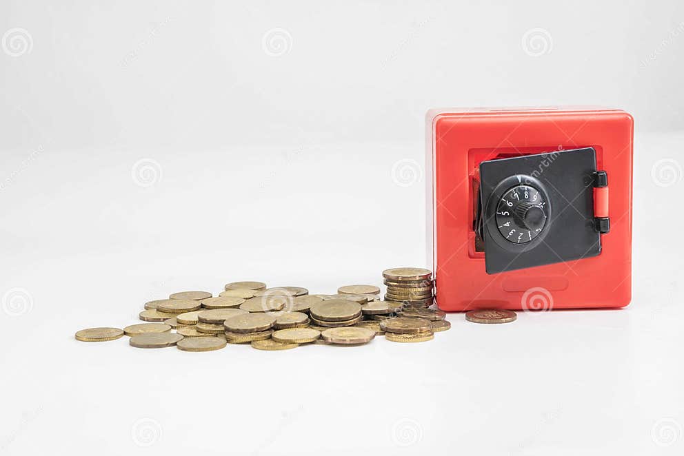 Red safe box and coins stock photo. Image of protection - 147139168
