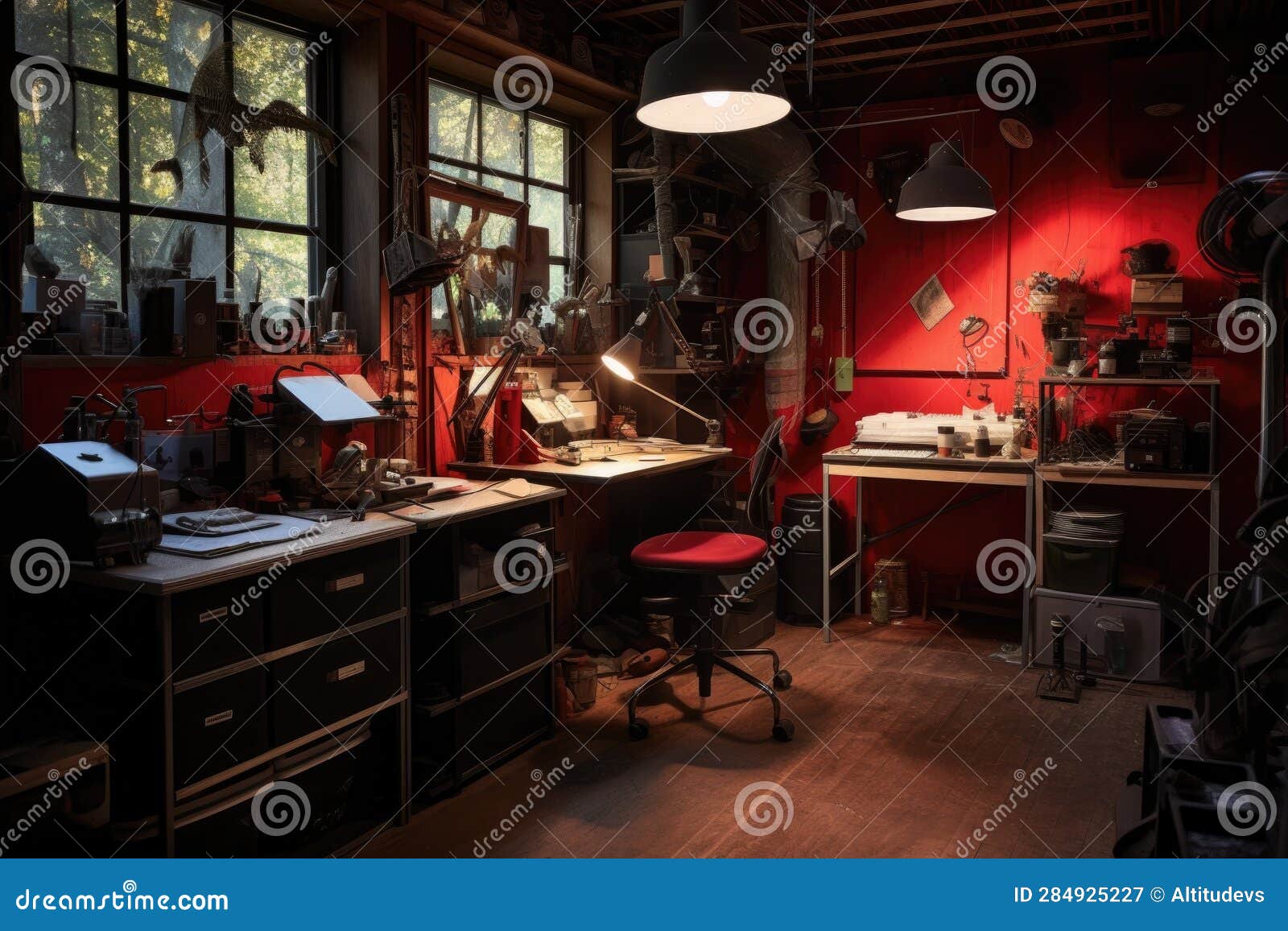 Red Safelight Illuminating Darkroom Workspace Stock Image - Image of ...