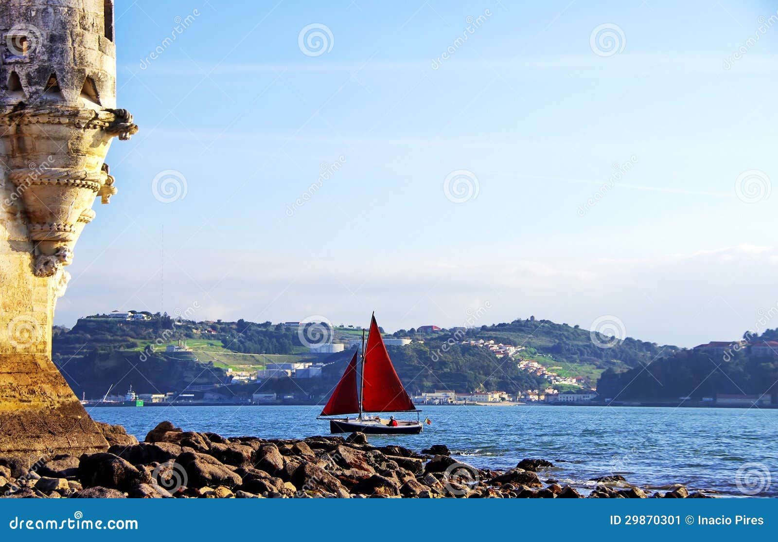 Red sailboat on Tejo river stock image. Image of landscape - 29870301