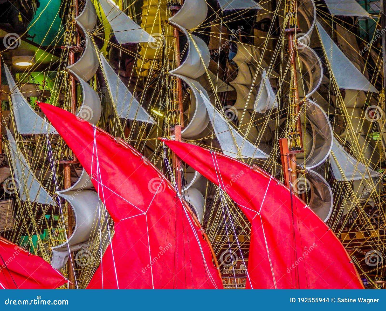 Red Sails in Front of Large Group of White Sails of Old Style Sailing ...