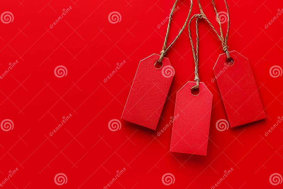 Red Sale Tags on String Against a Solid Red Background for Promotional ...