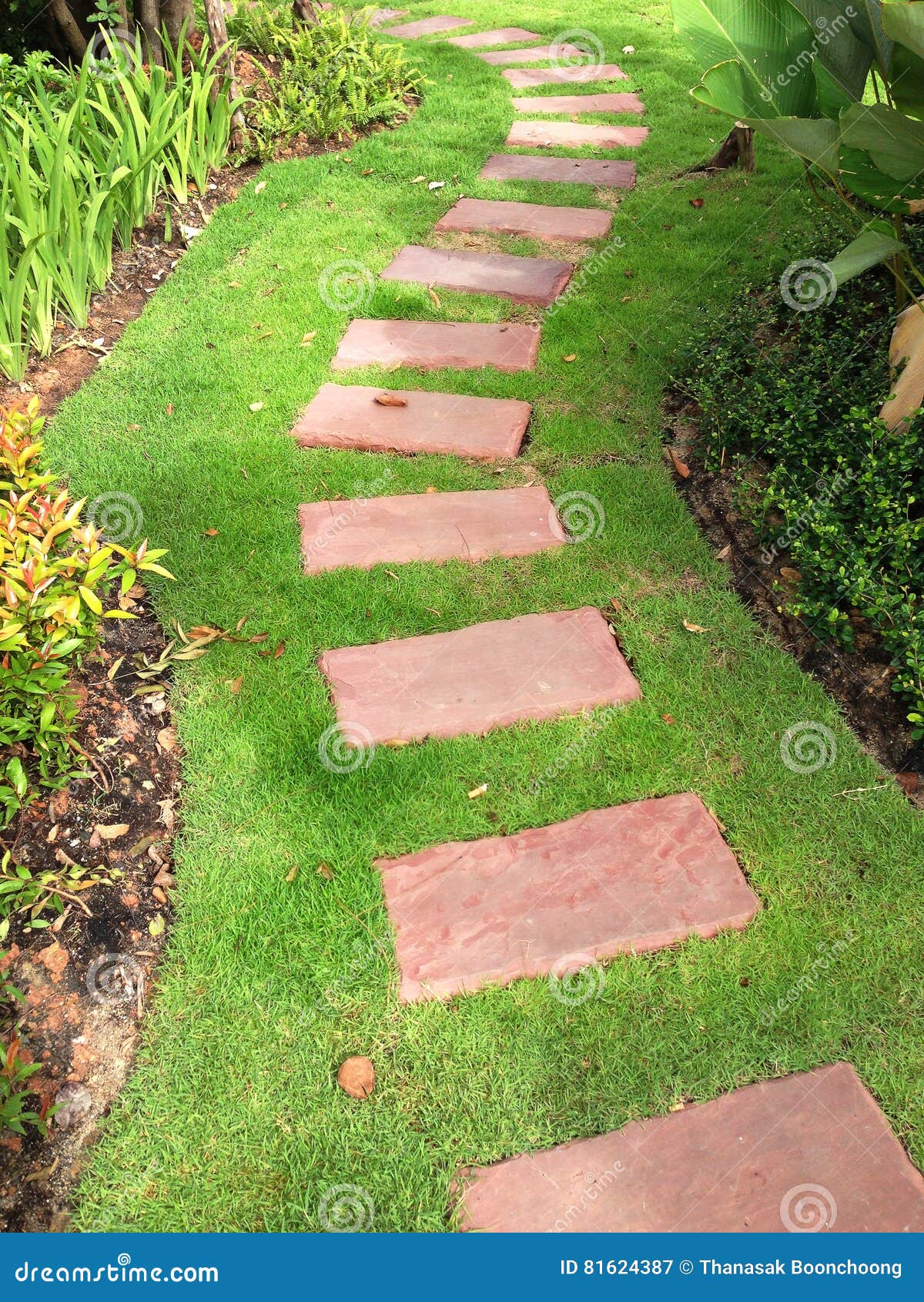Red Sand Stone Pathway on Grass in Garden Stock Image - Image of tiles ...