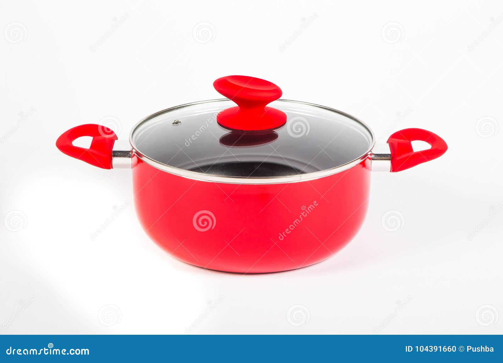 Red Saucepan with Two Handles and a Transparent Lid Stock Photo - Image ...