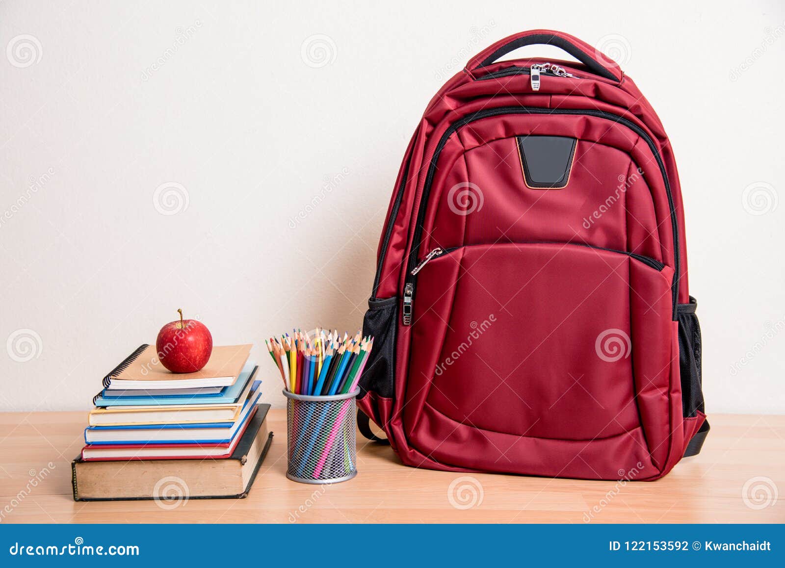 Red School Bag on Wood Table Stock Photo - Image of pocket, rucksack ...