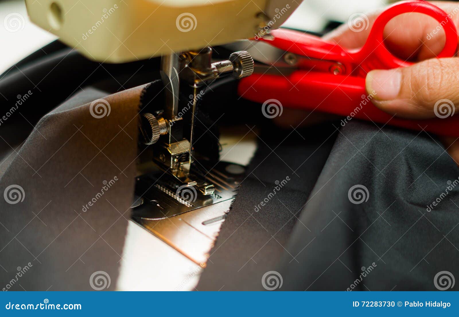 Red Scissors Helping a Dress Making Process, Sewing Machine on Blue ...