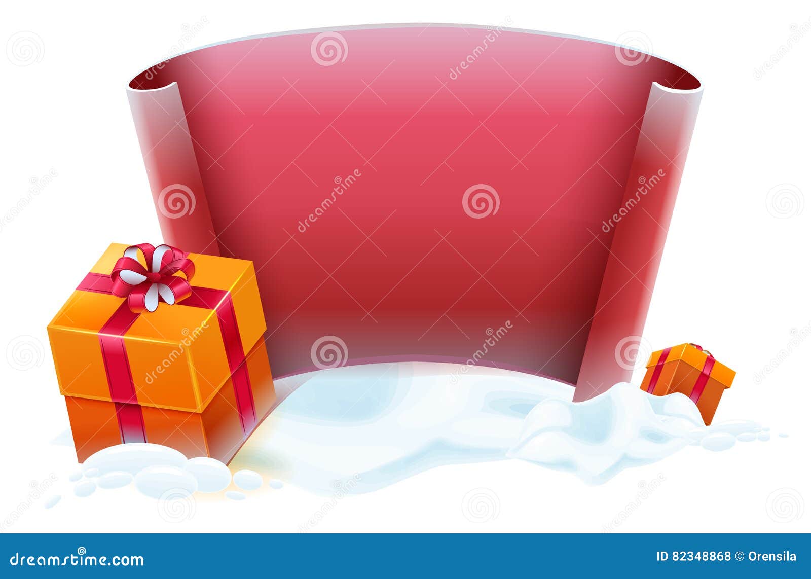 Red Scroll and Gift Boxes in Snow. Template for Greeting Christmas Card ...