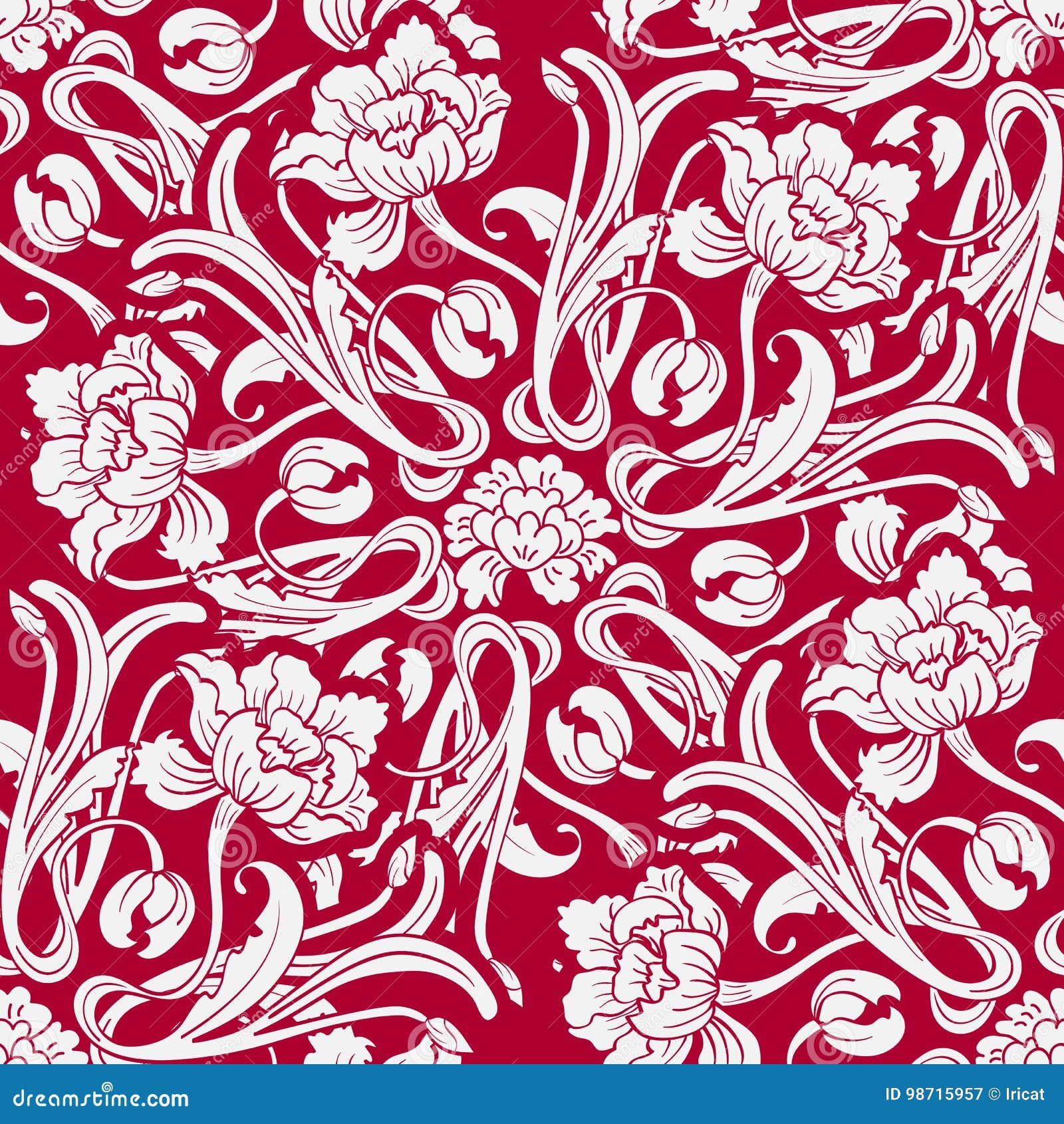 Red Seamless Pattern with Flowers in Oriental Style. Stock Vector ...