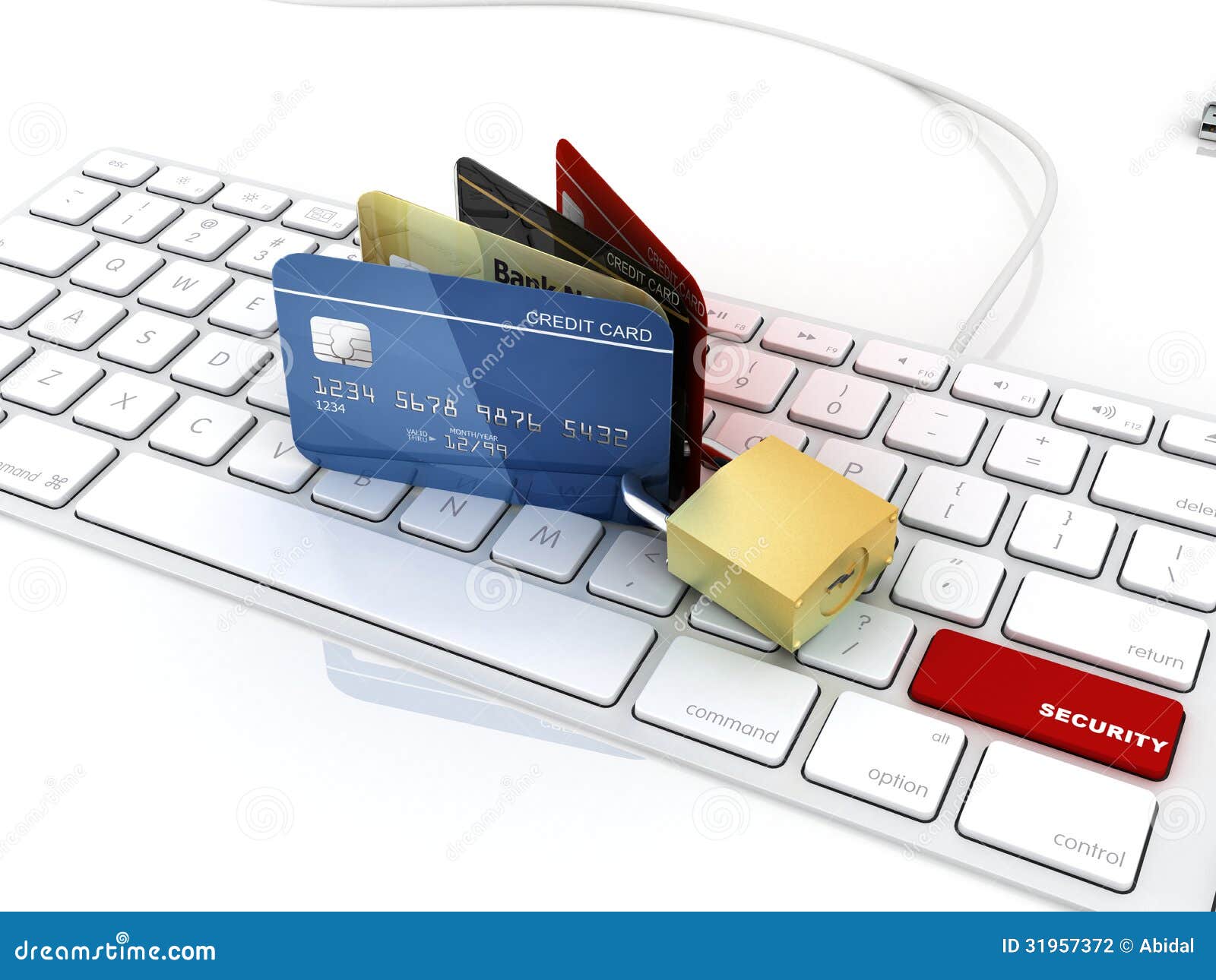 Red Security Button on Keyboard with Credit Card Editorial Photography ...