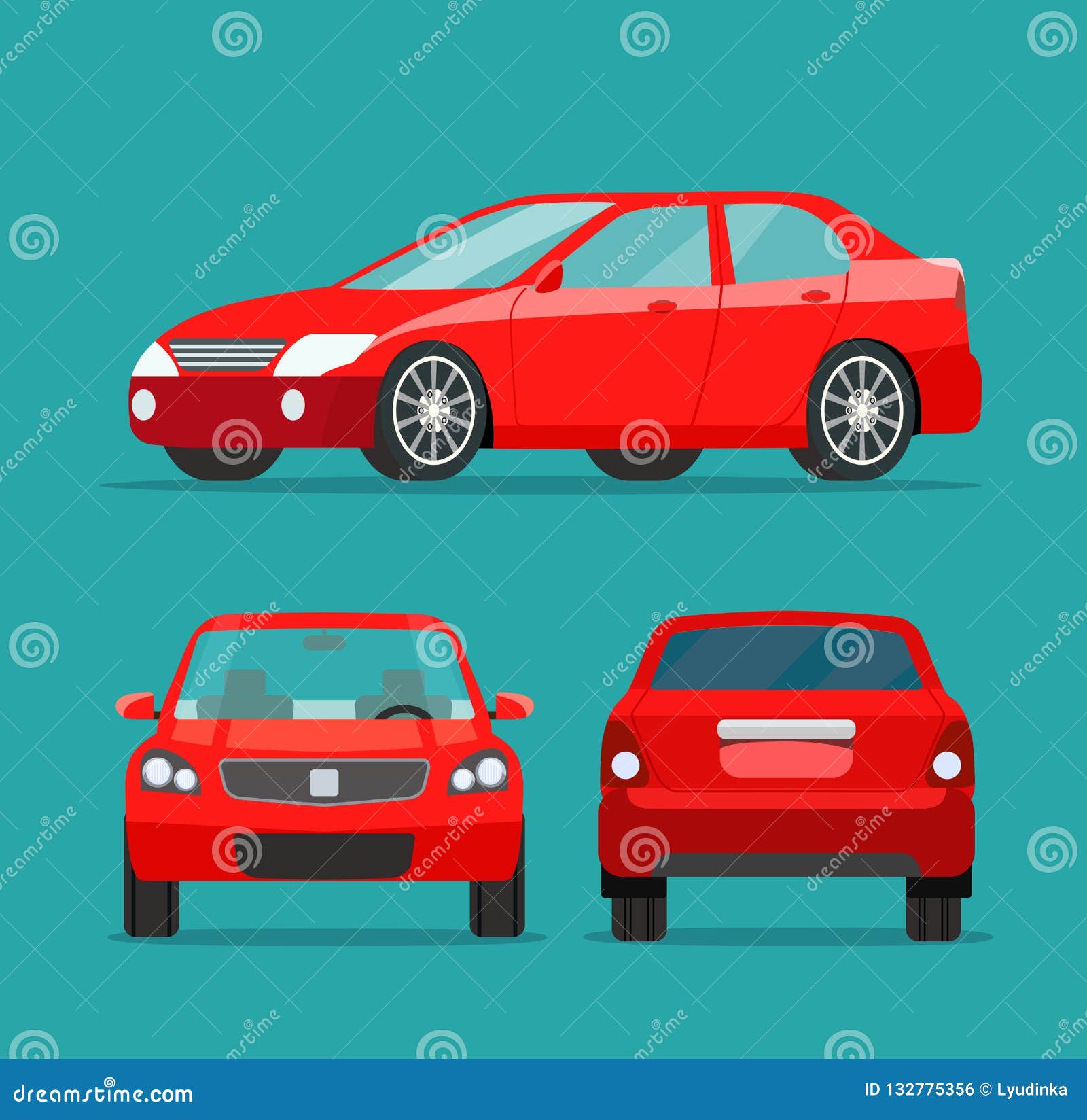 Red Sedan Three Angle Set. Car Side View, Back View and Front View ...