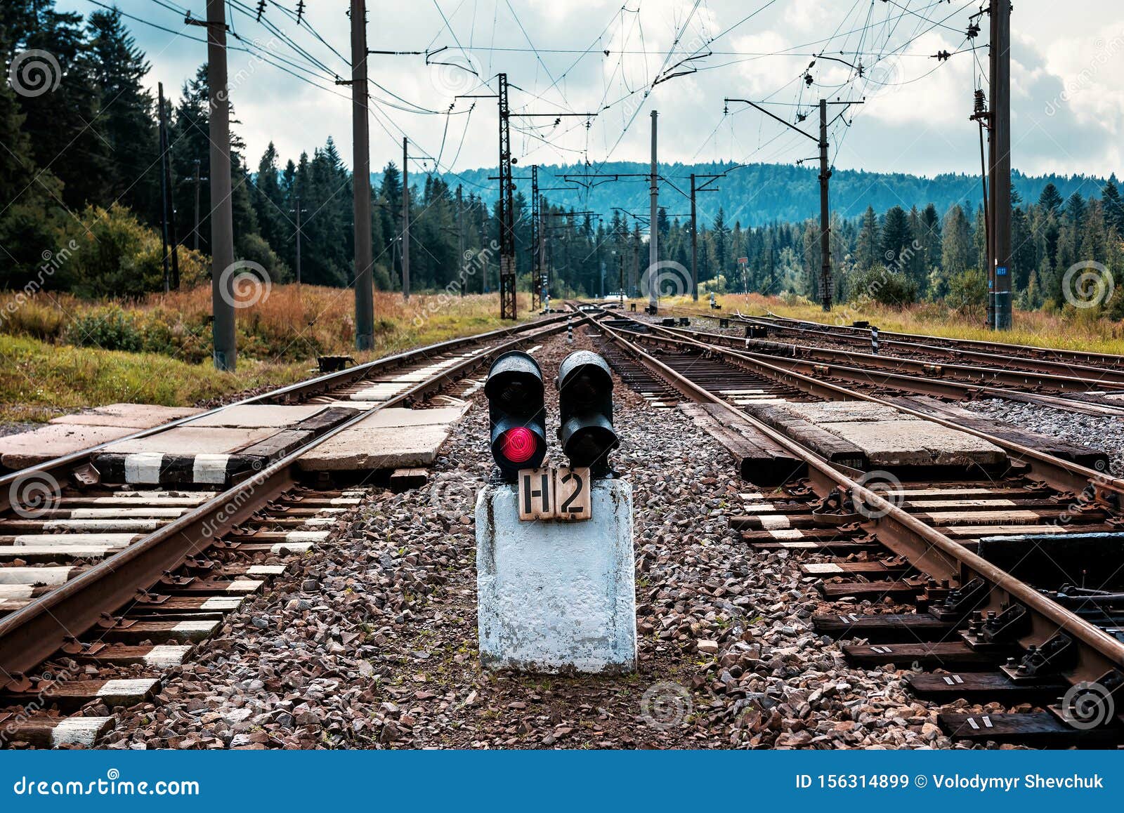 Red semaphore and rails stock image. Image of track - 156314899