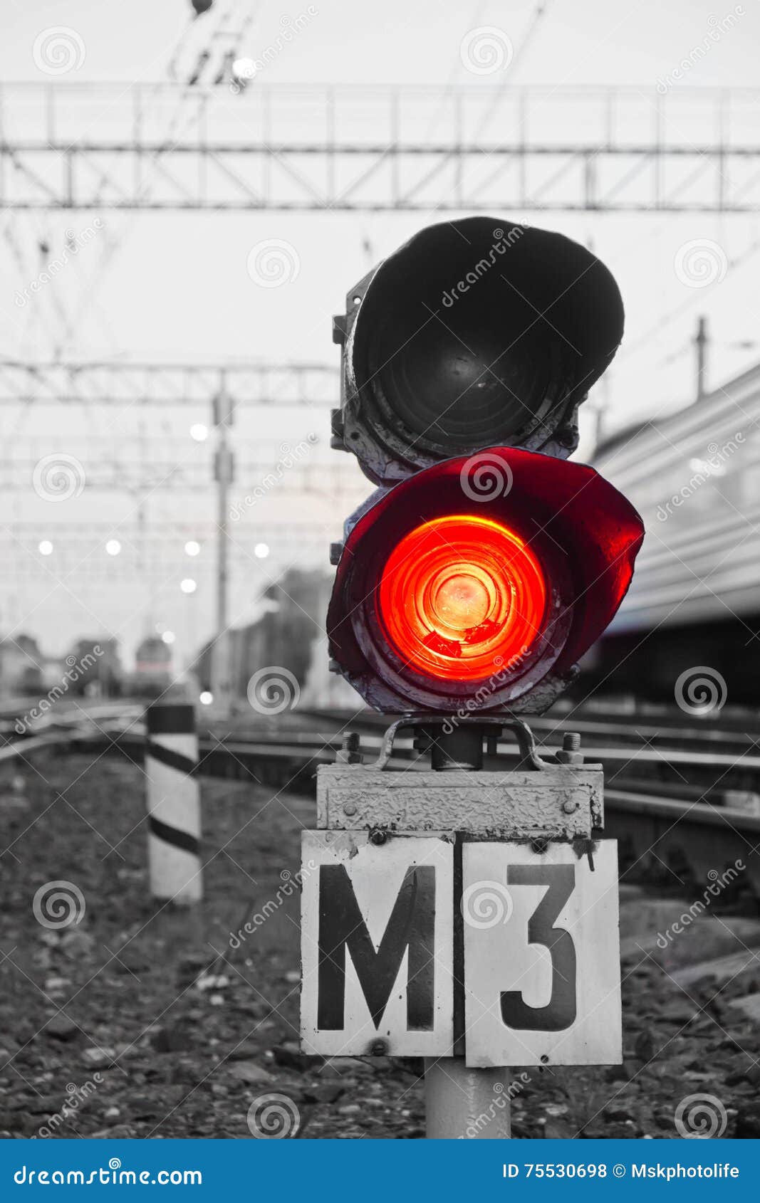 Red Semaphore Signal on Railway in Evening Stock Photo - Image of grass ...