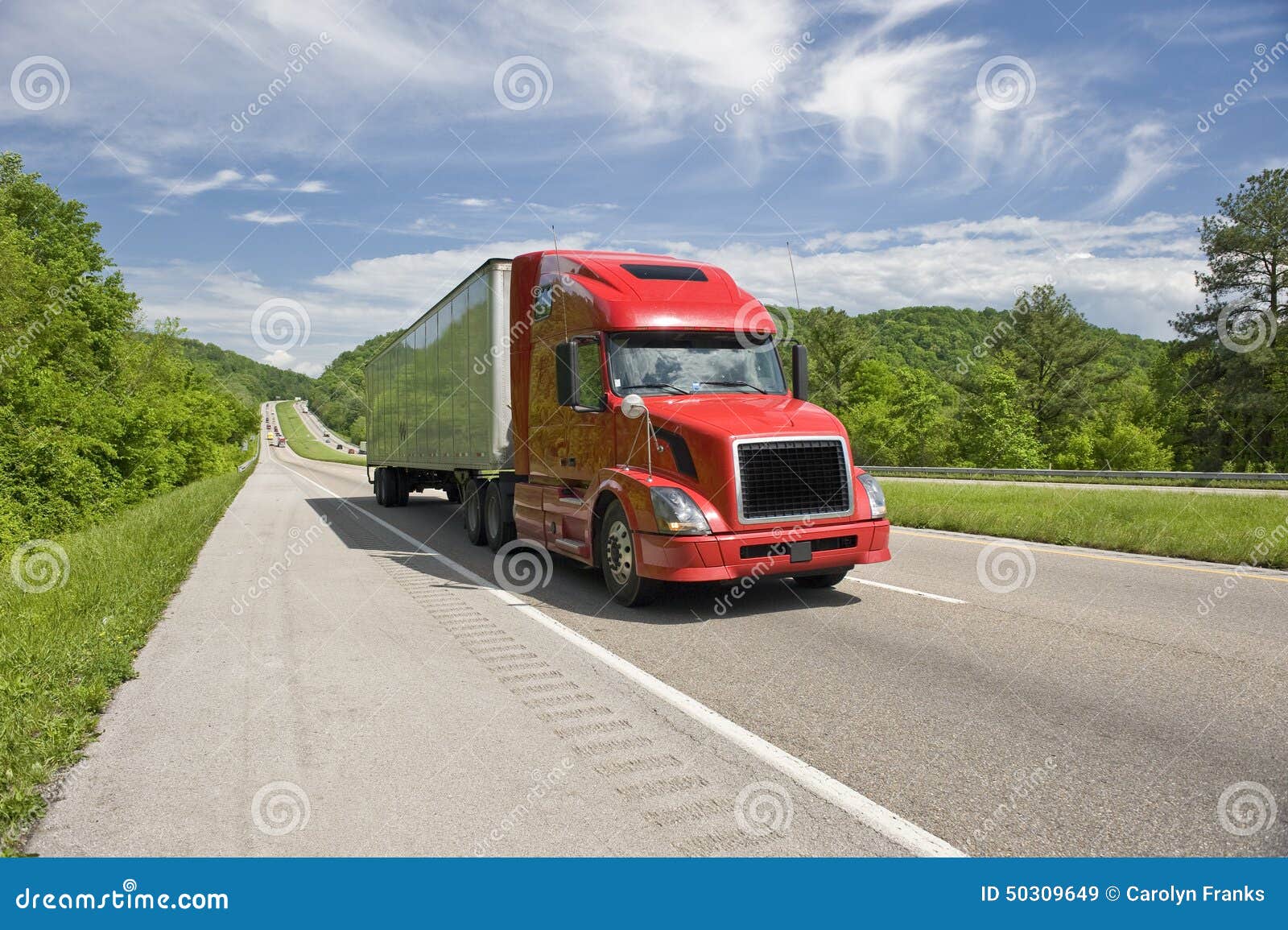 Red Semi Truck on Interstate in Springtime Stock Image - Image of ...