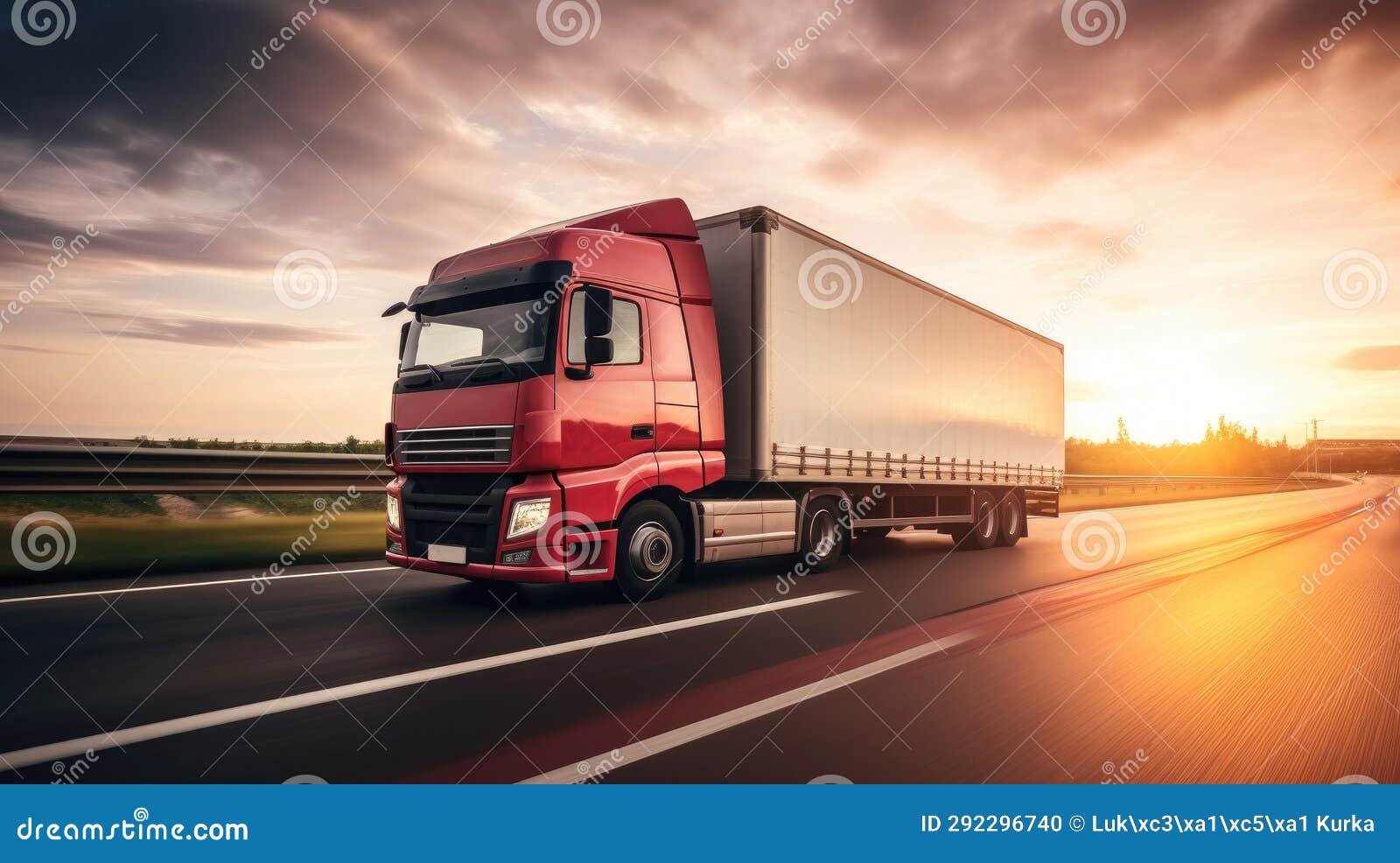 Red Semi Truck Tractor on Freeway Pulling Load. Truck Transporting ...