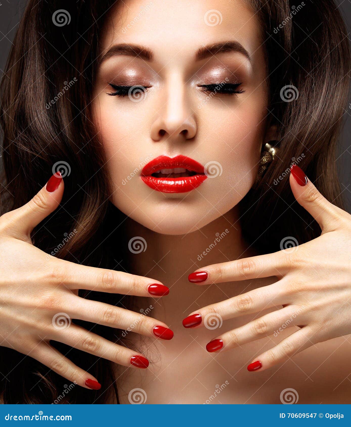 Red Lips And Nails Closeup Manicure And Makeup Make Up Concept Half