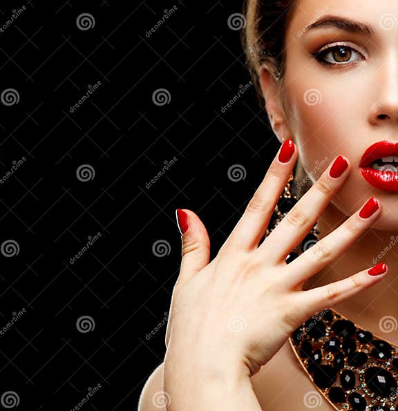 Red Lips And Nails Closeup Manicure And Makeup Make Up Concept Half