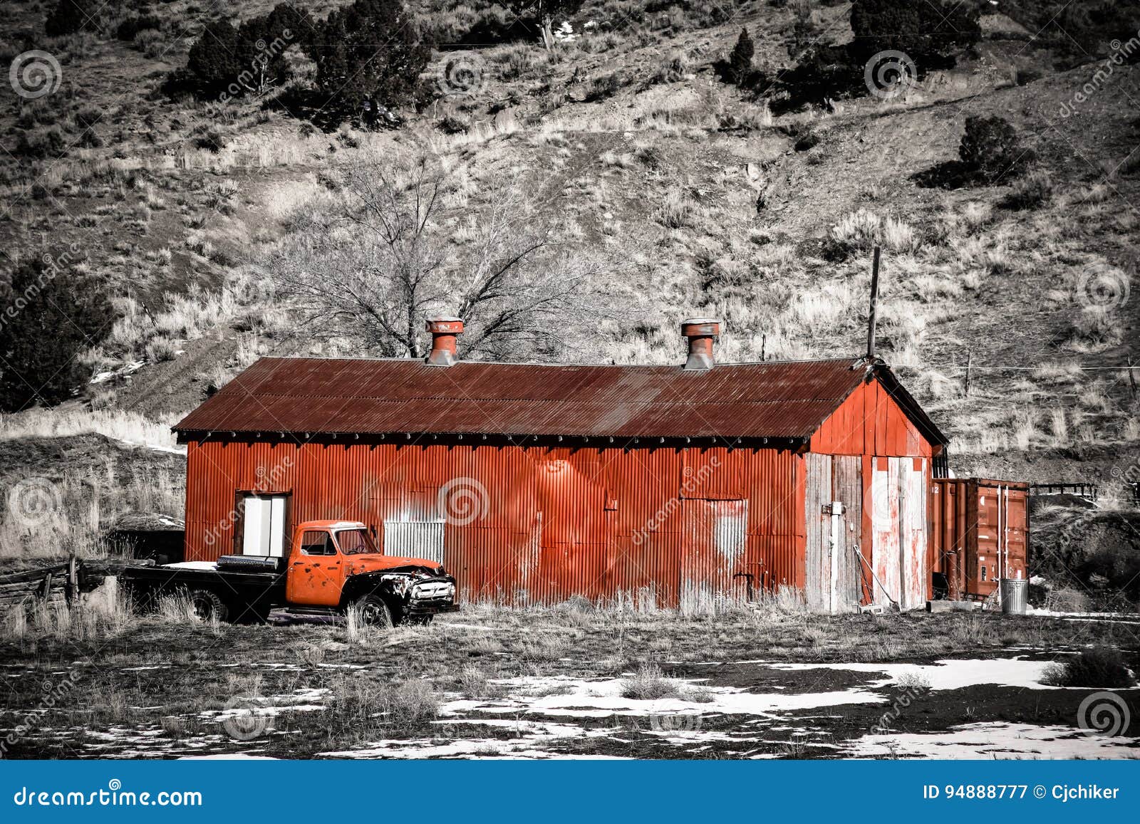 Red Shed with Old Red Pickup Stock Image - Image of weather, black ...