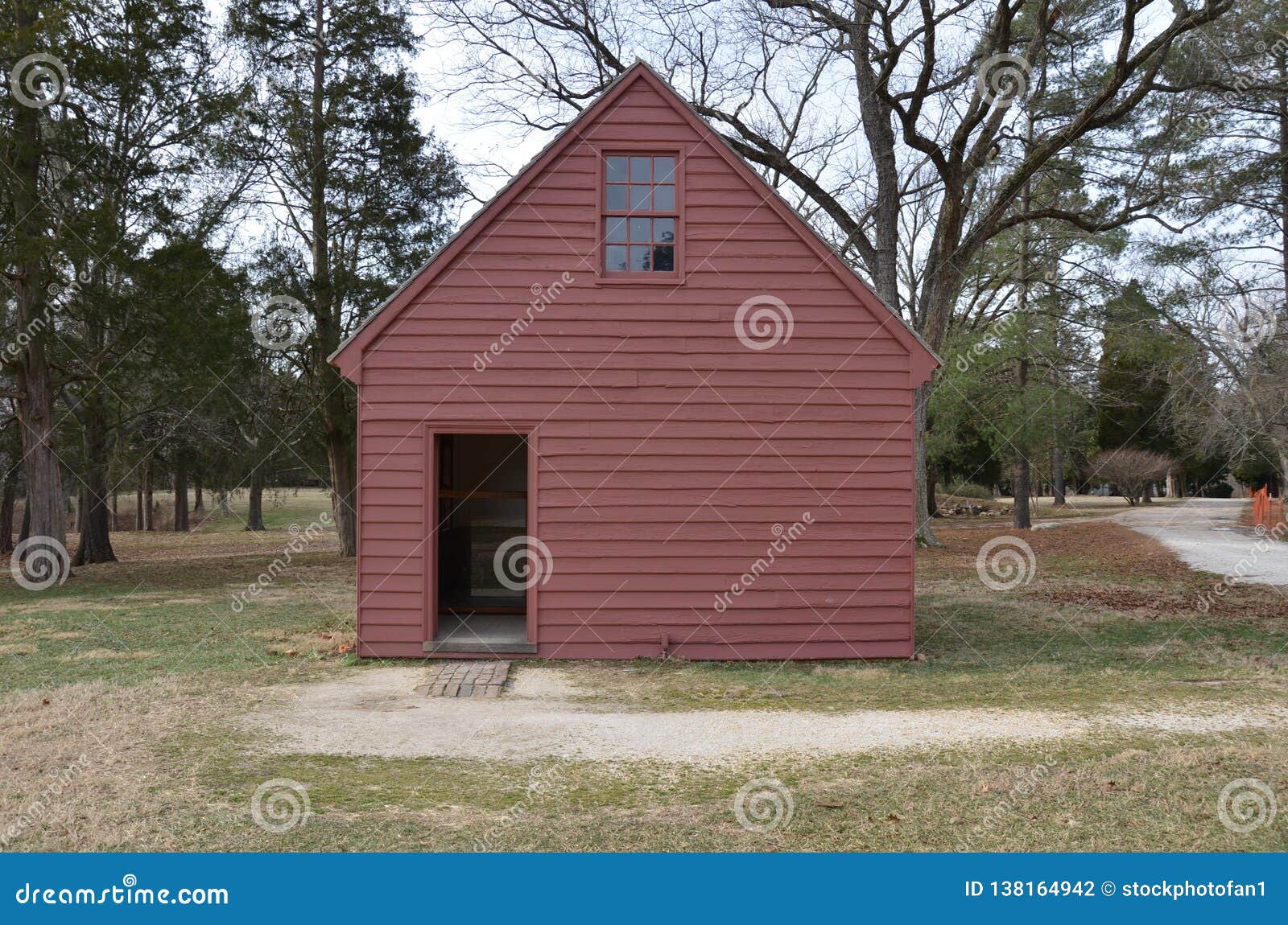Red Shed or Shack with Path and Grass or Yard Stock Photo - Image of ...