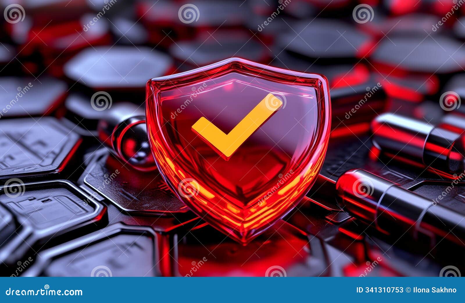 Red Shield with a Yellow Check Mark on a Dark, Futuristic Background ...