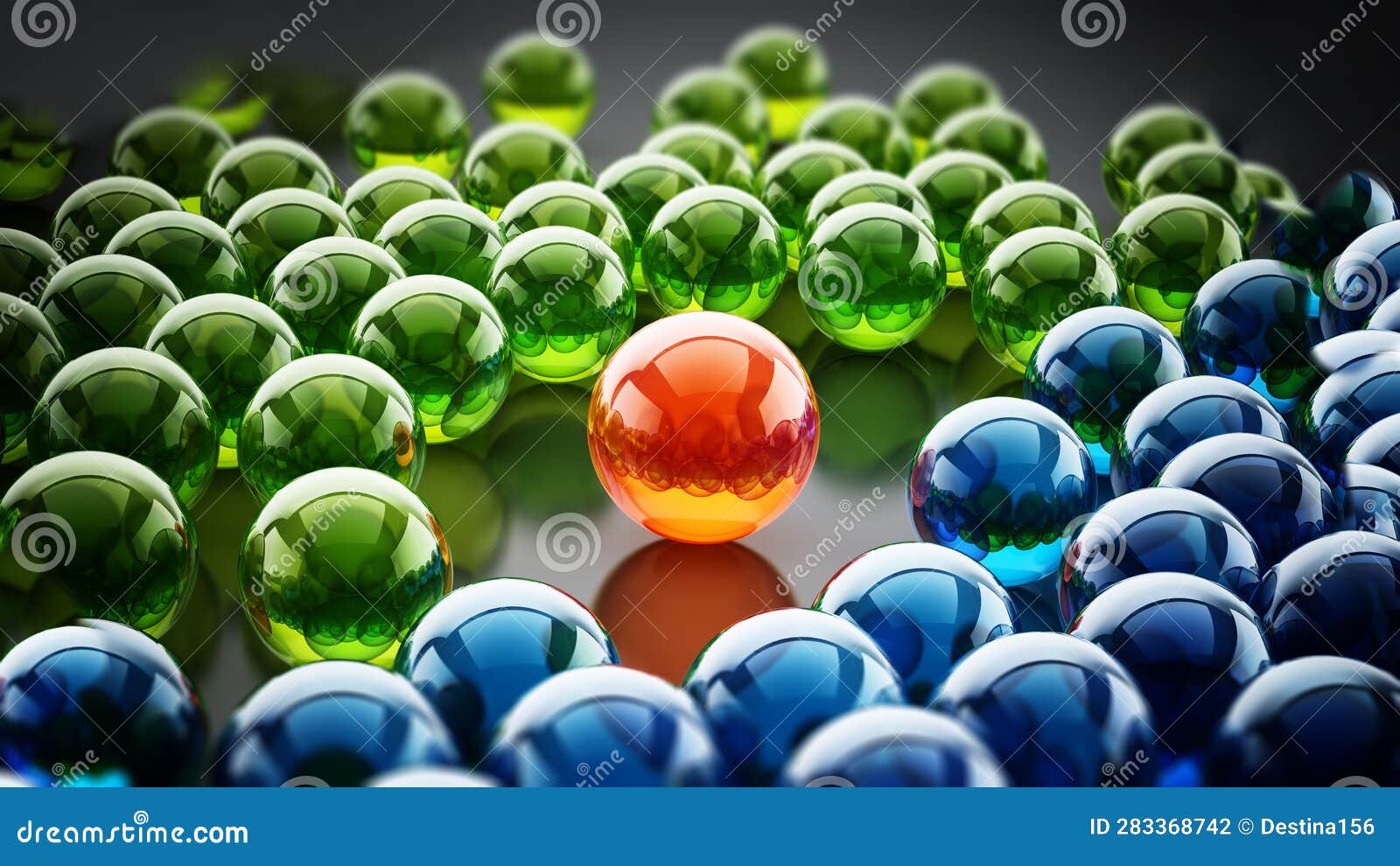 Red Shiny Sphere Standing Out among Green and Blue Spheres. 3D ...