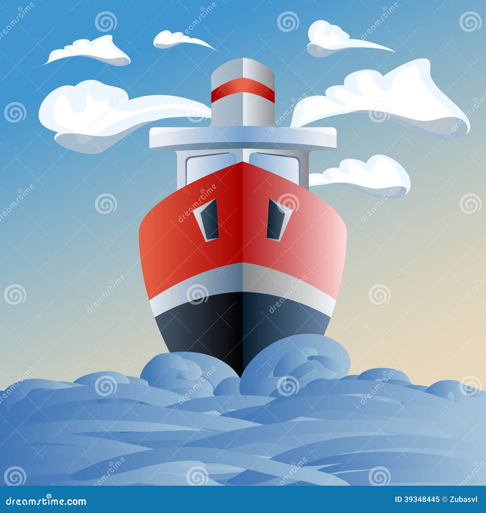 Red Ship in the Sea, Clouds and Waves Stock Vector - Illustration of ...