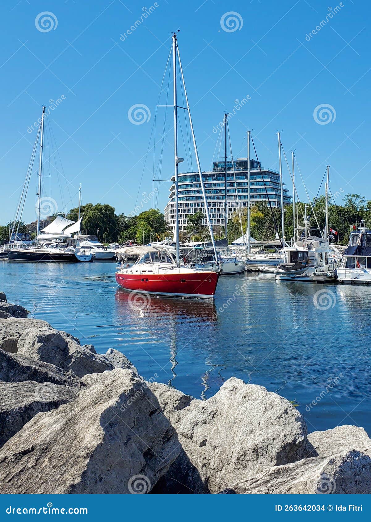 A Red Ship Start Sailing on the Lake. Editorial Stock Image - Image of ...