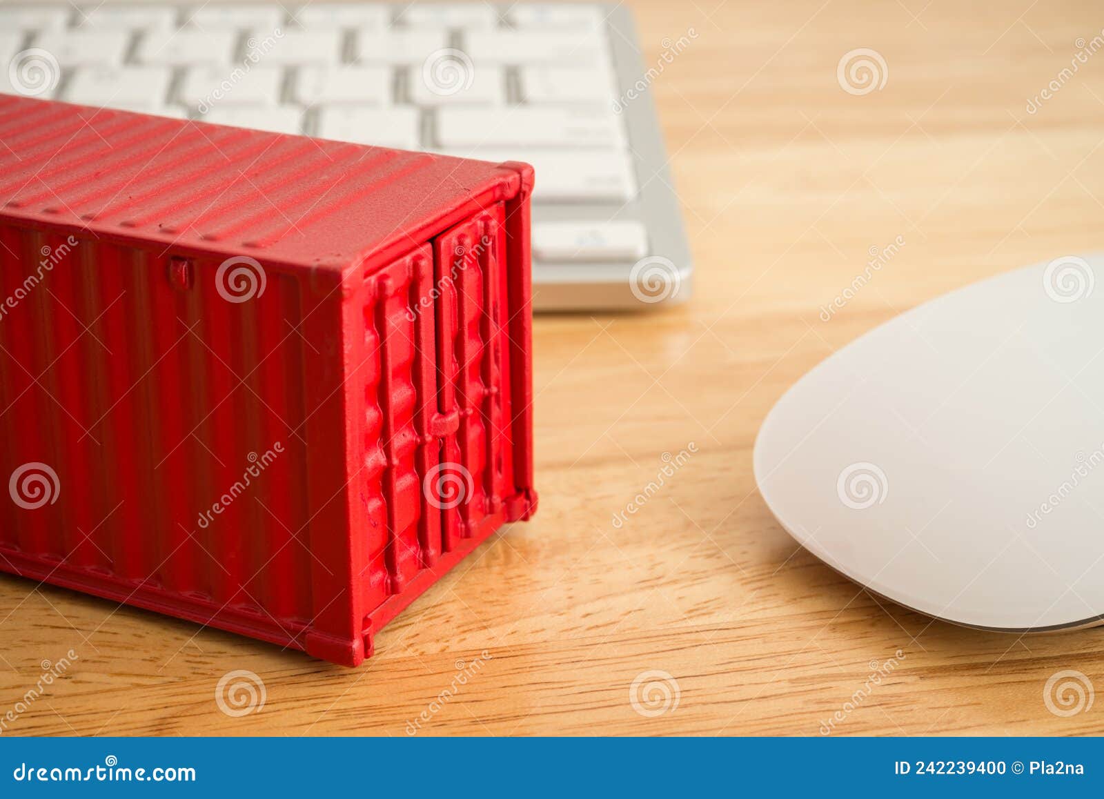 Red Shipping Cargo Container on Wooden Table with Mouse and Keyboard ...